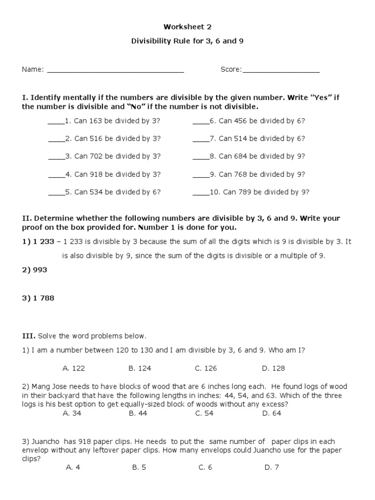 Worksheet 2 - Divisibility Rule For 3, 6 and 9 | PDF