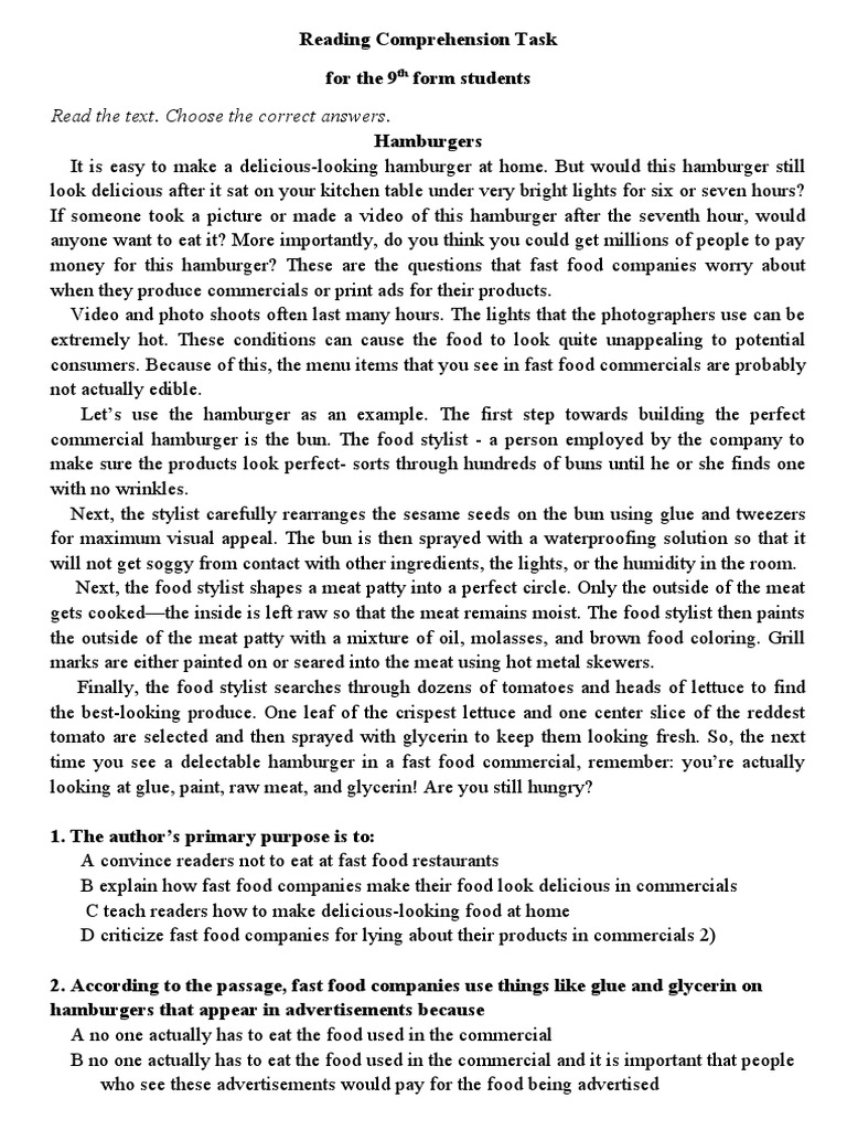 Read The Text. Choose The Correct Answers.: Reading Comprehension Task ...