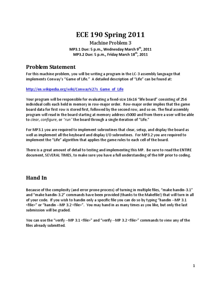 ECE 190 Spring 2011: Problem Statement | Download Free PDF | Subroutine | Assembly Language