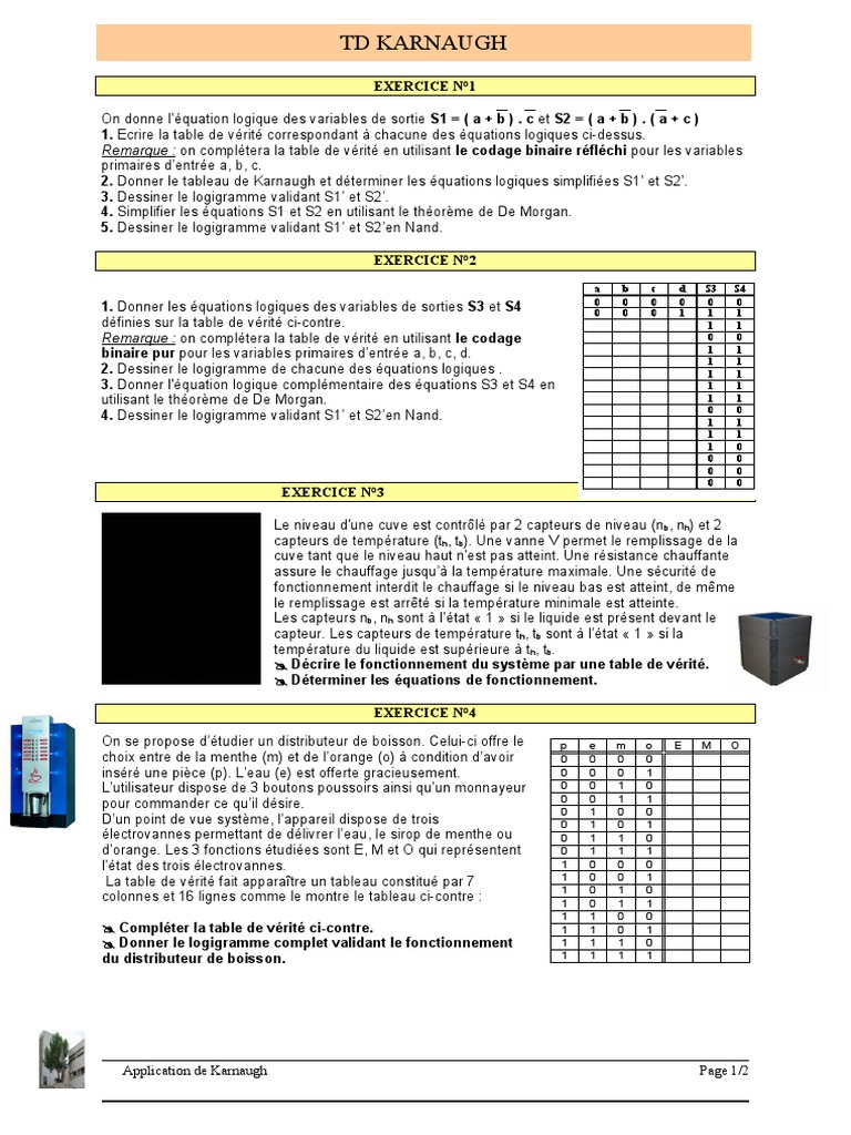 TD Karnaugh: Remarque: On Complétera La Table de Vérité en Utilisant Le Codage Binaire Réfléchi ...