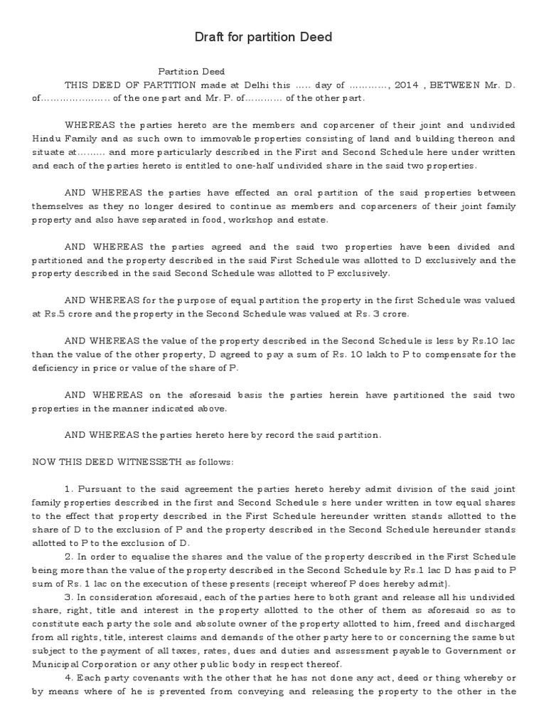 Draft For Partition Deed - Common Legal Format For Everyday Use | PDF ...