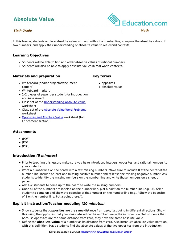 Absolute Value | PDF | Worksheet | Numbers