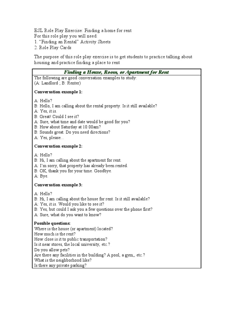 Esl Role Play: Home | PDF | Renting | Apartment