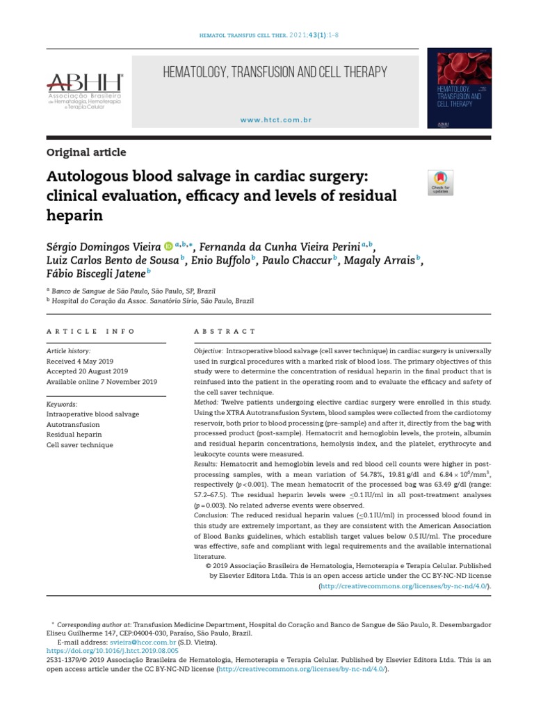 Autologous Blood Salvage in Cardiac Surgery: Clinical Evaluation ...
