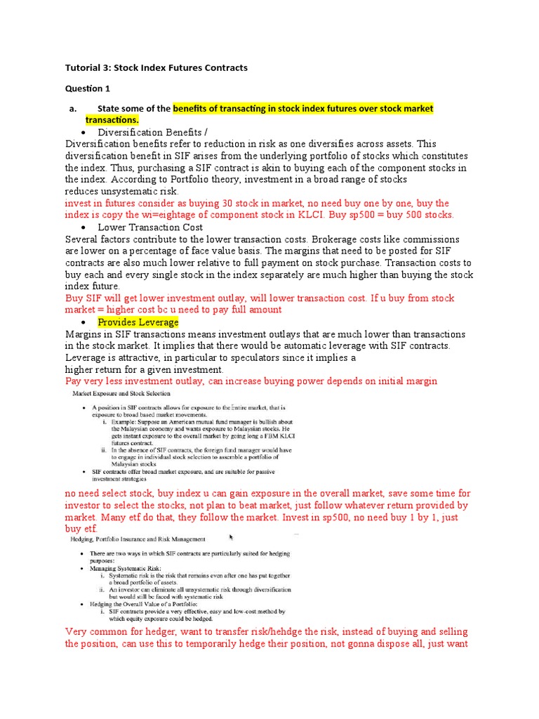 Tutorial 3: Stock Index Futures Contracts | PDF | Diversification (Finance) | Hedge (Finance)