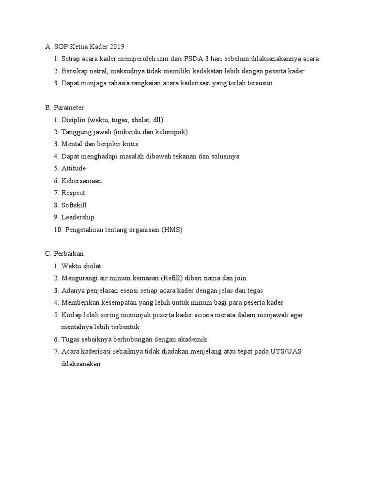 SOP KADERISASI Divisi Kesejahteraan Anggota | PDF