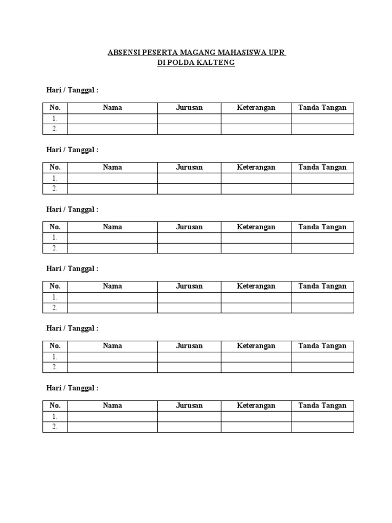 Format Absensi Magang Mahasiswa UPR | PDF | Karier & Perkembangan ...