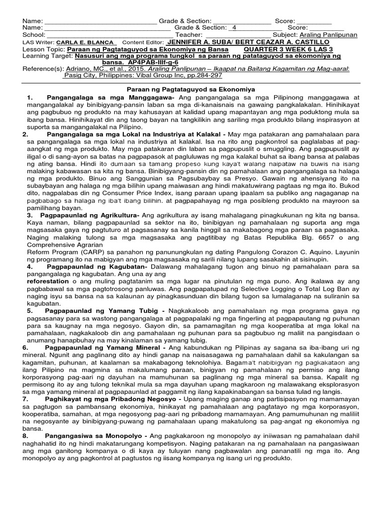 Ap 4 Quarter 3 Week 6 Las 3 | PDF