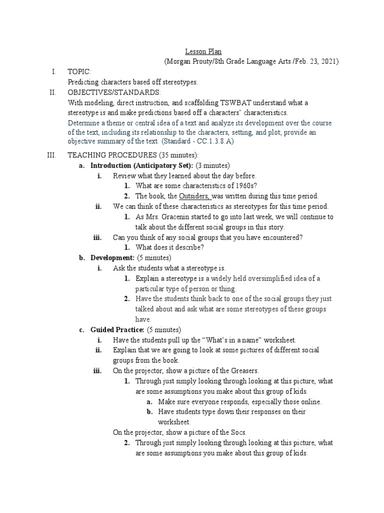 Outsiders Intro Lesson Plan | PDF | Pedagogy | Teaching