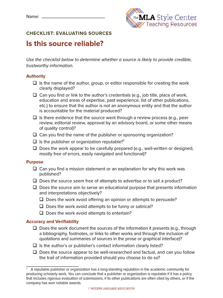 Is This Source Reliable?: Checklist: Evaluating Sources | Download Free ...