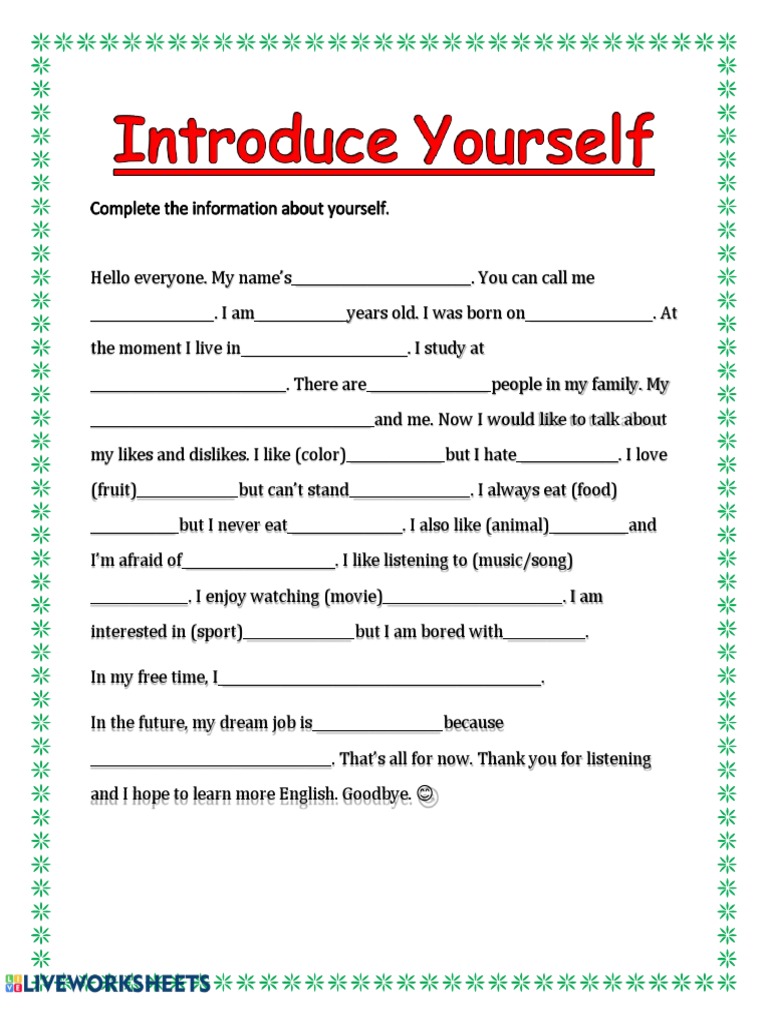 Introducing Yourself Worksheet