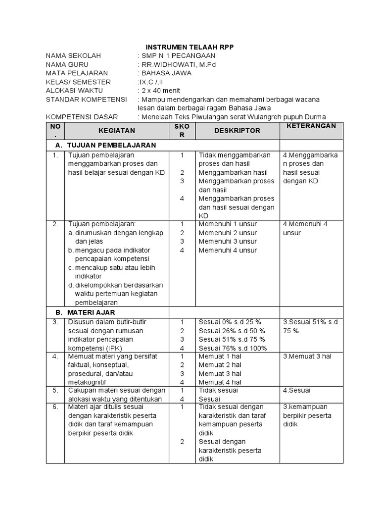Instrumen Telaah RPP | PDF