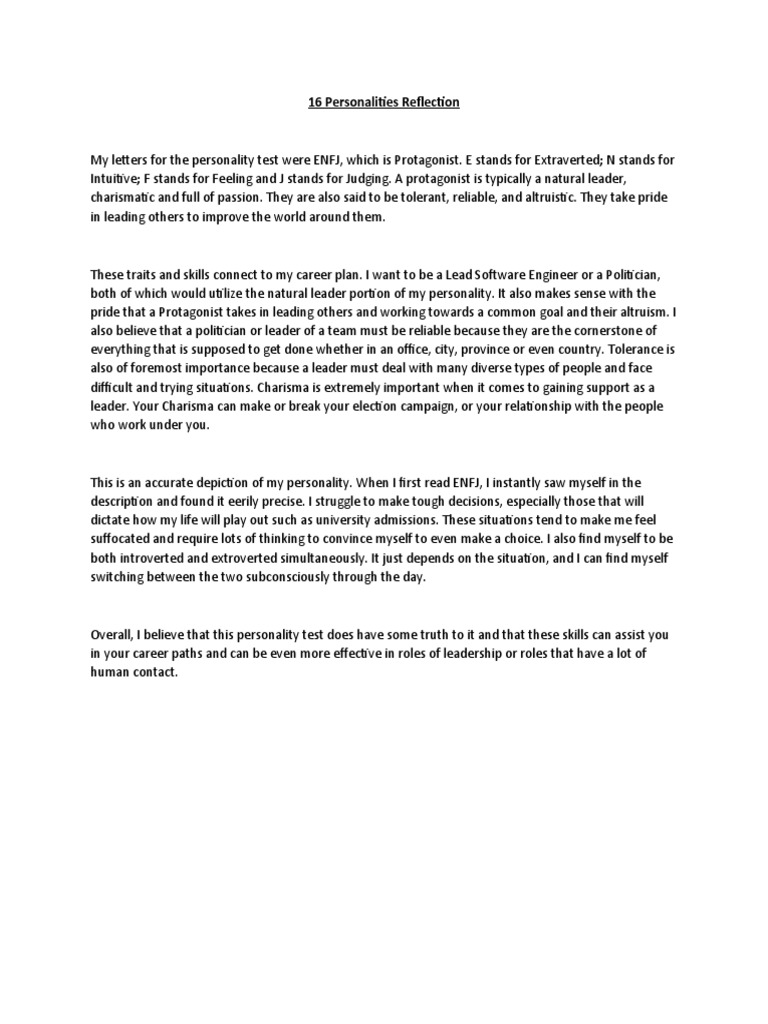 16 Personalities Reflection | PDF | Career & Growth | Self-Improvement
