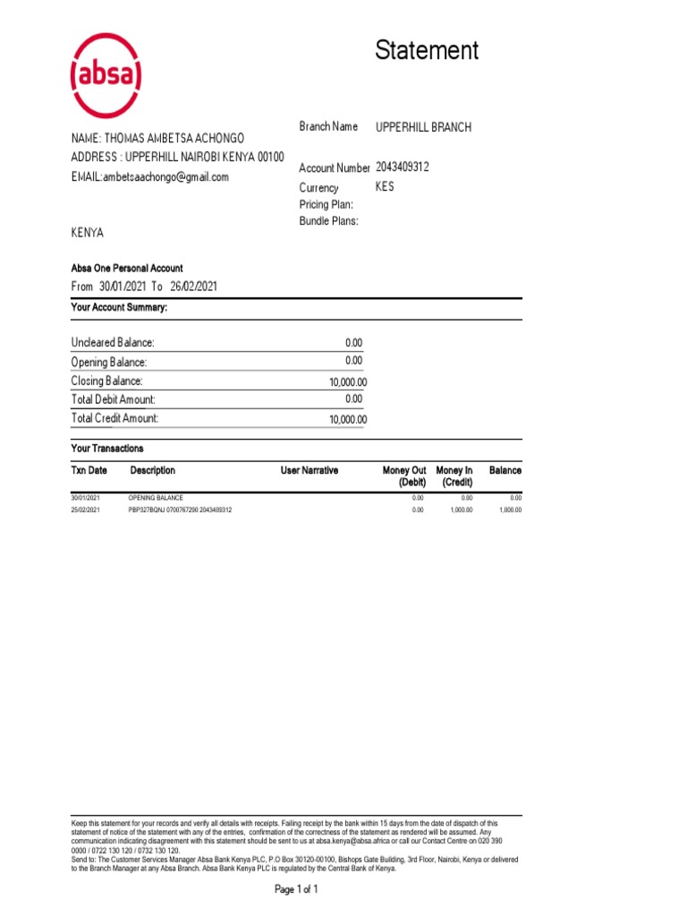 Absa Estatement Acc 2043 20210310 | PDF | Debits And Credits | Receipt