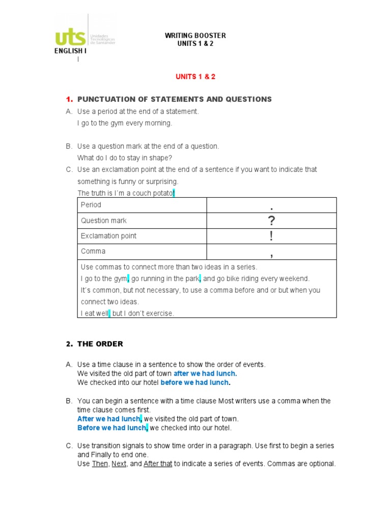 Handout 4B Writing Booster Units 12 | PDF | Comma | Sentence (Linguistics)