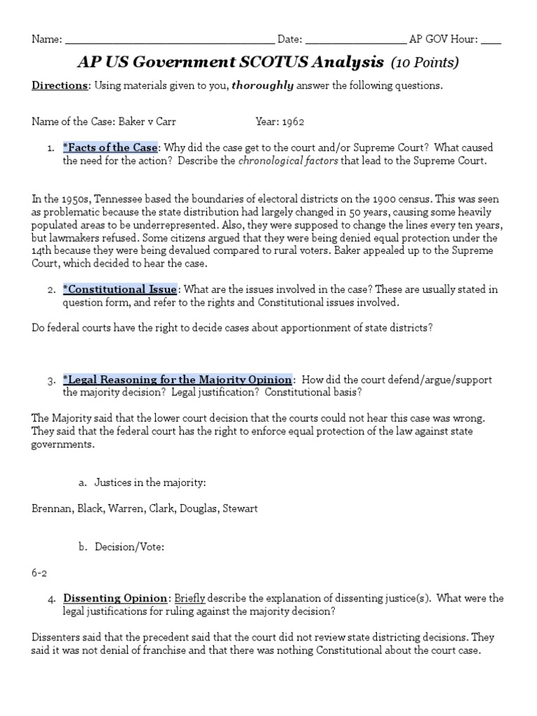 Baker V Carr - Heather Chen - SCOTUS Analysis Worksheet | PDF | Baker V ...