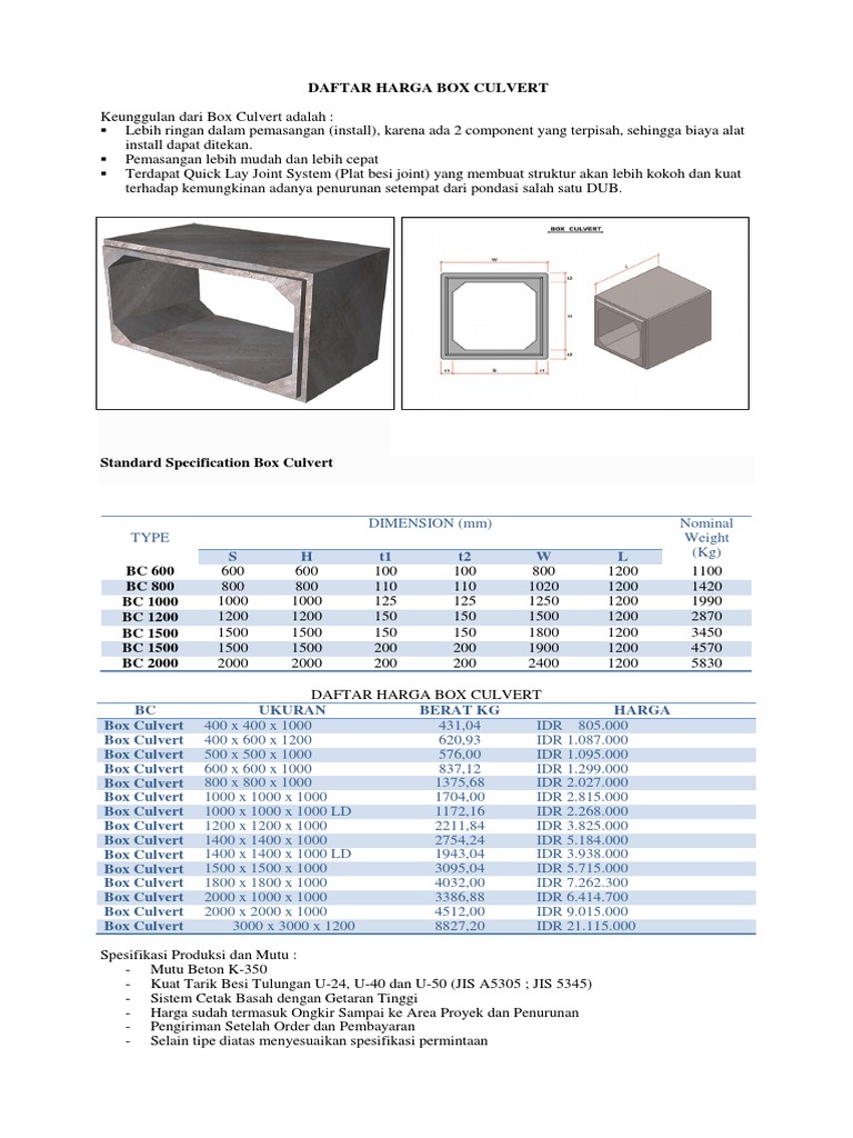 Daftar Harga dan Spesifikasi Box Culvert | PDF