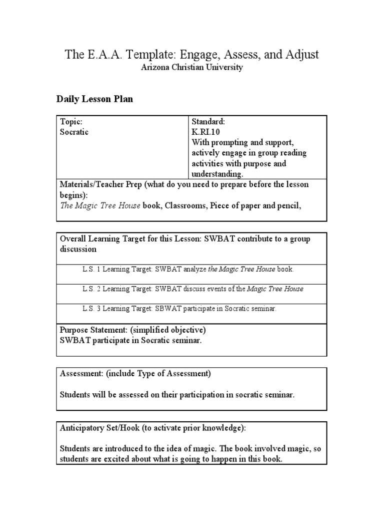 The E.A.A. Template: Engage, Assess, and Adjust: Daily Lesson Plan ...