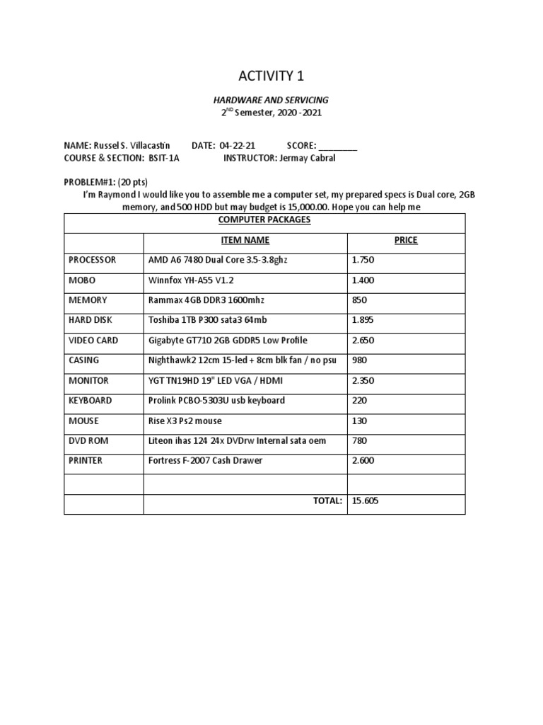 Villacastin Activity1 Final CTC | PDF | Computer Hardware | Office Equipment