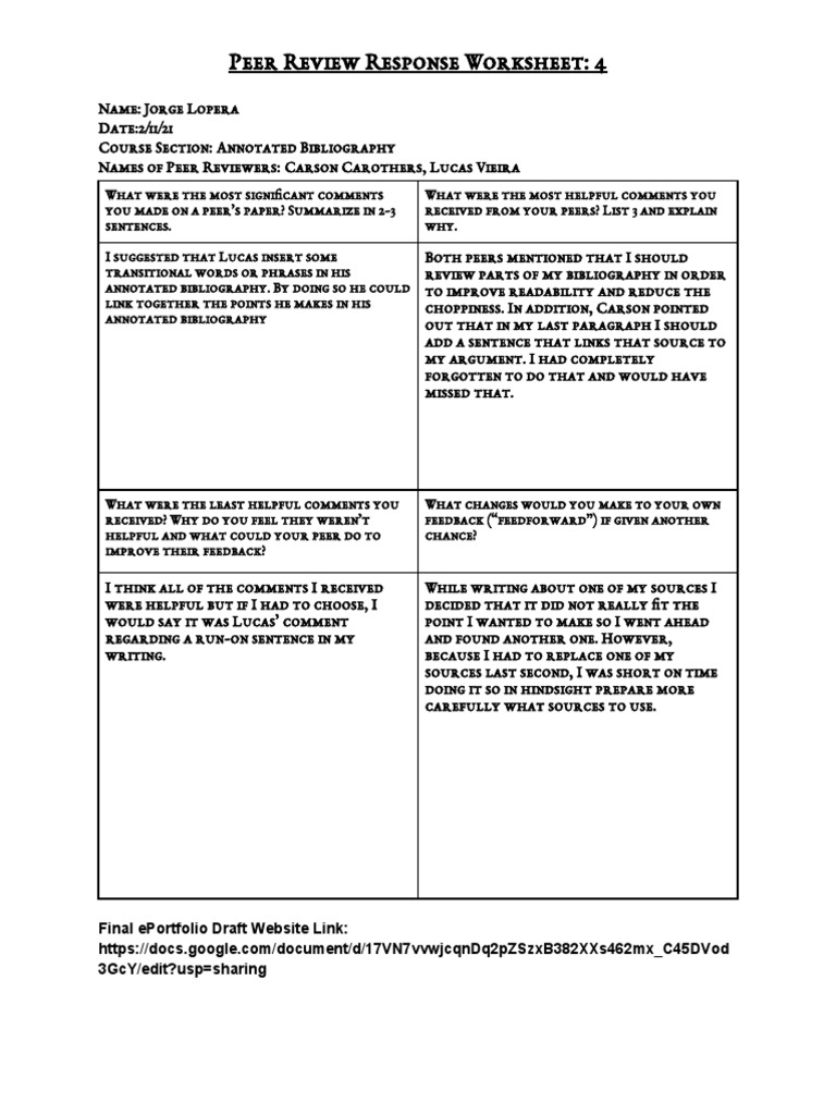 Enc1102 Peer-Review Response Worksheet-Jorge Lopera | PDF