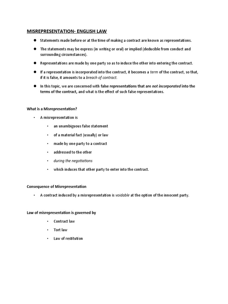 Misrepresentation-English Law: Terms of The Contract, and What Is The ...