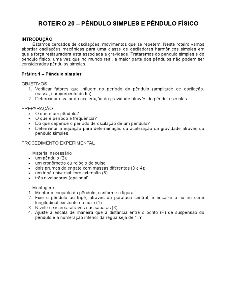Roteiro 20 Pêndulo Simples e Pêndulo Físico | PDF | Pêndulo | Gravidade