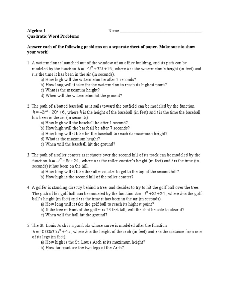 L9 Application of Quadratics - Quad Formula Word Problems Worksheet F13 ...