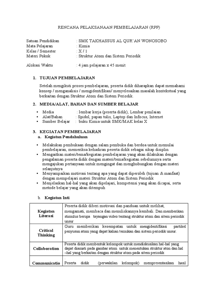 RPP Kimia 2 Lembar Struktur Atom Dan Sistem Periodik Unsur | PDF