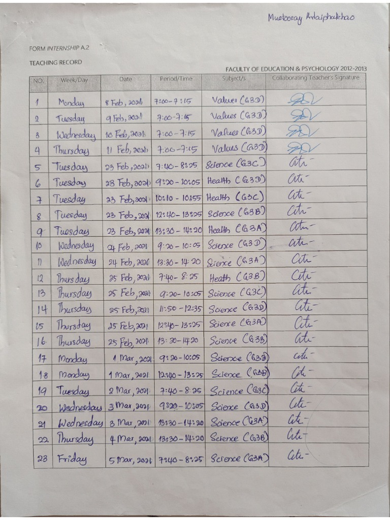 Teaching Record Sheet | PDF