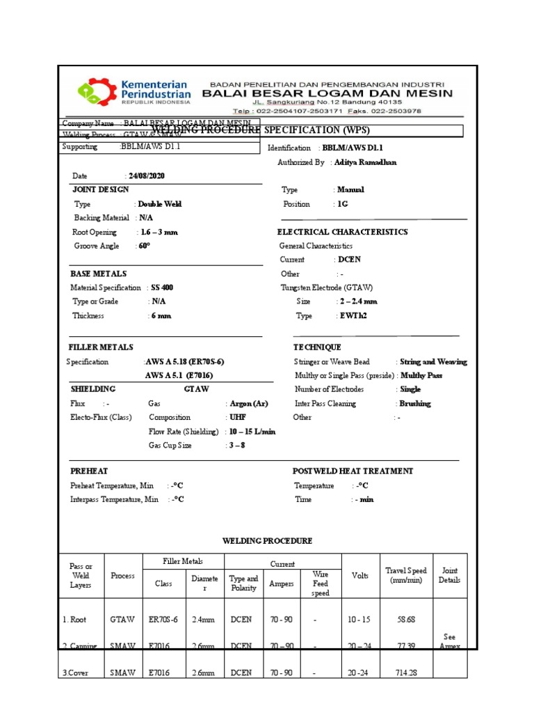 Wps (Gtaw & Smaw) | PDF | Welding | Construction