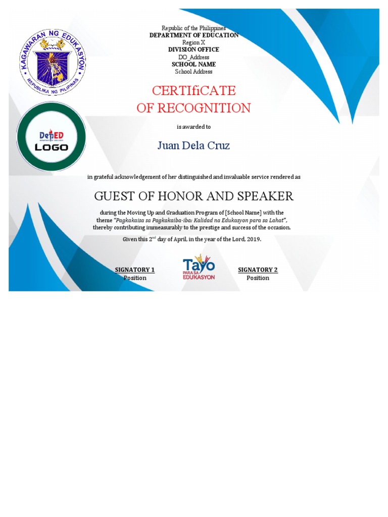 Certificate of Recognition For Guest of Honor and Speaker Template 2 | PDF