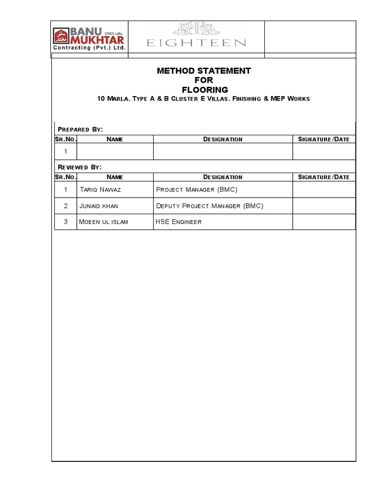 Method Statement FOR Flooring: 10 M - T A&Bc EV - F & Mep W | PDF | Concrete | Building Materials
