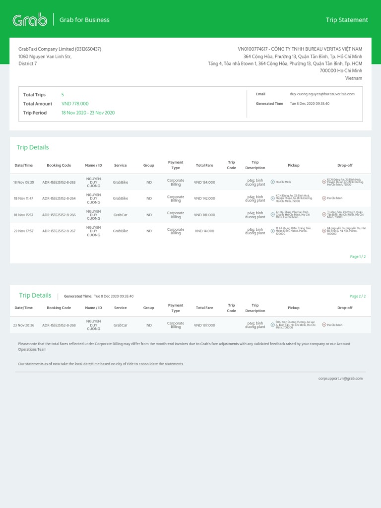 Grab For Business Trip Statement | PDF | Ho Chi Minh City | Hanoi