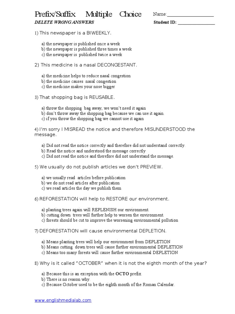Prefixes and Suffixes Quiz for Students | PDF