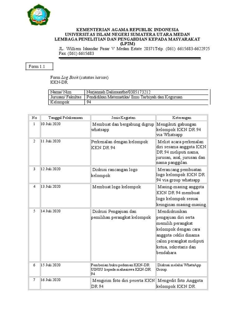 Contoh Logbook KKN Individu dan Kelompok | PDF