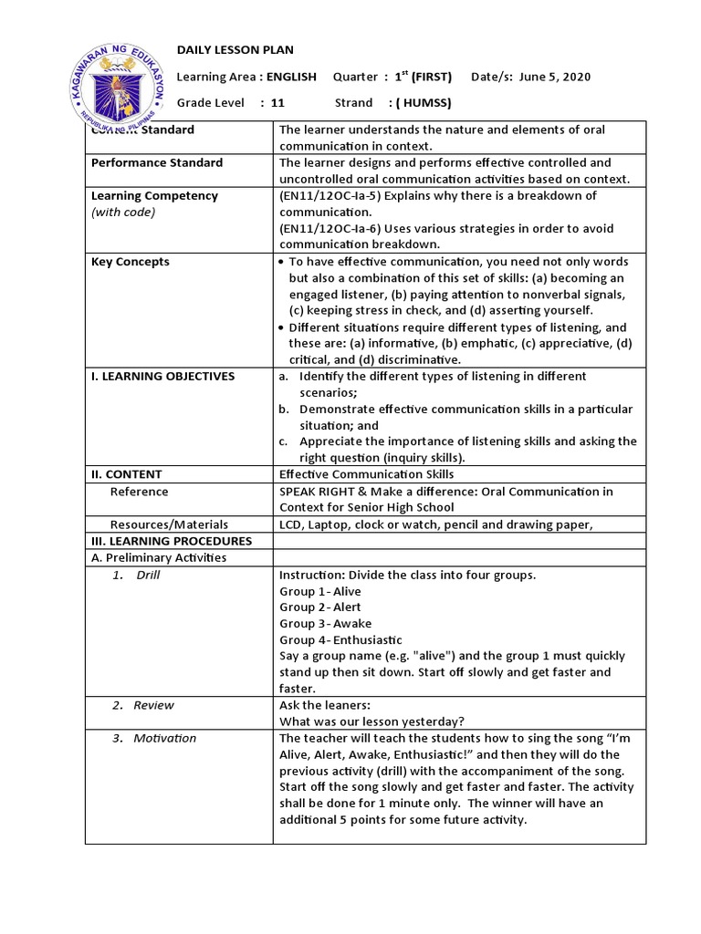 Effective Communication Skills Lesson Plan | PDF | Lesson Plan ...