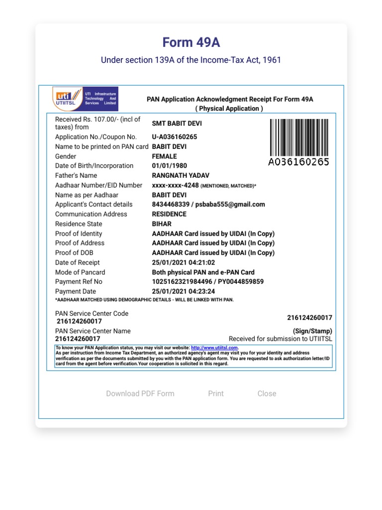 Form 49A: Under Section 139A of The Income-Tax Act, 1961 | Download ...