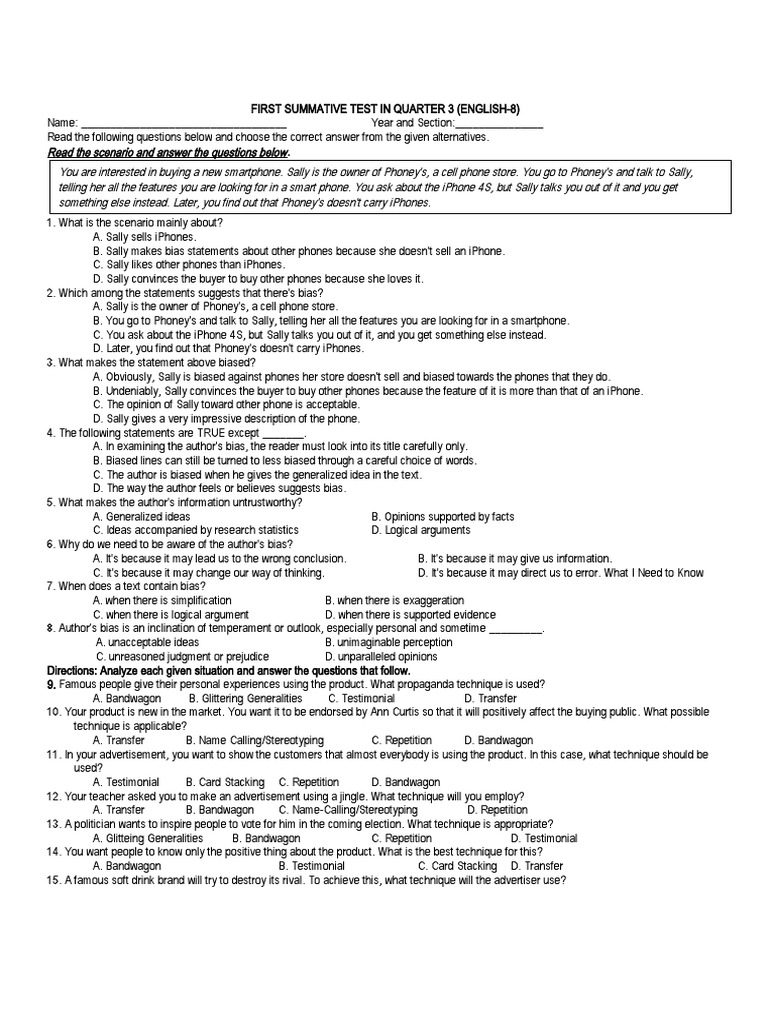Summative Test Grade 8 | PDF | Bias | I Phone