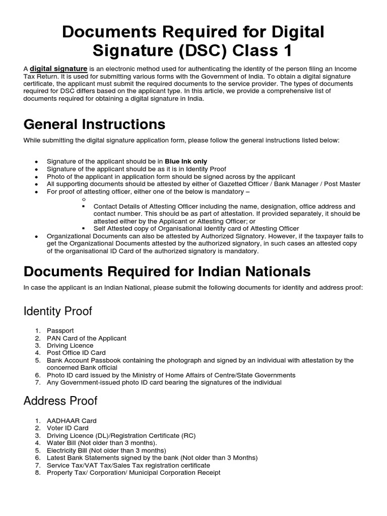 Documents Required For Digital Signature (DSC) Class 1: General Instructions | PDF | Identity ...