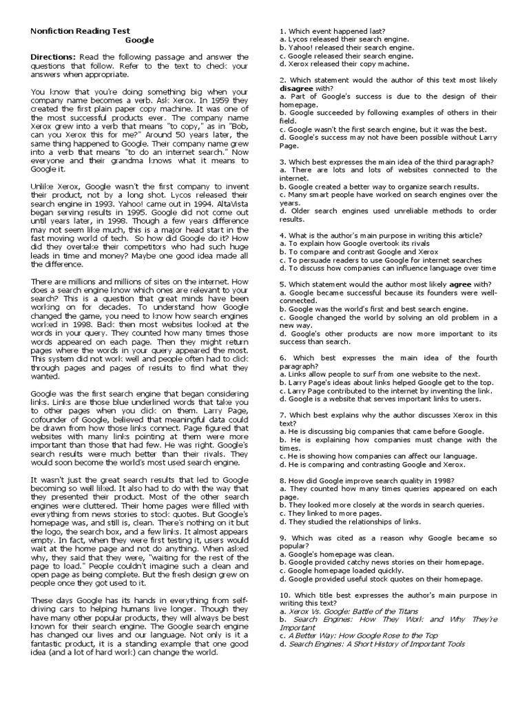 6th Iread G8 Google Nonfiction-Reading-Test | PDF | Web Search Engine ...