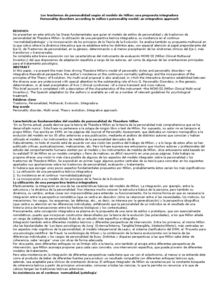 Los Trastornos de Personalidad Según El Modelo de Millon | PDF | Manual Diagnóstico y ...