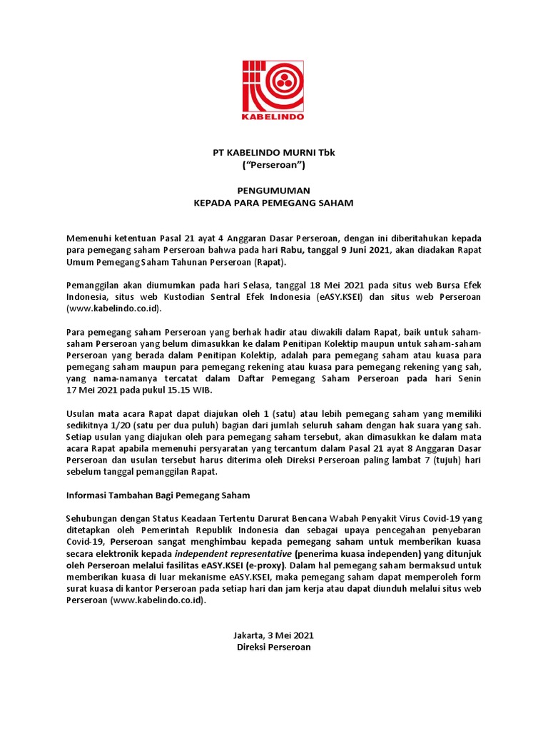 Pemberitahuan RUPS 2021 Ind Eng | PDF