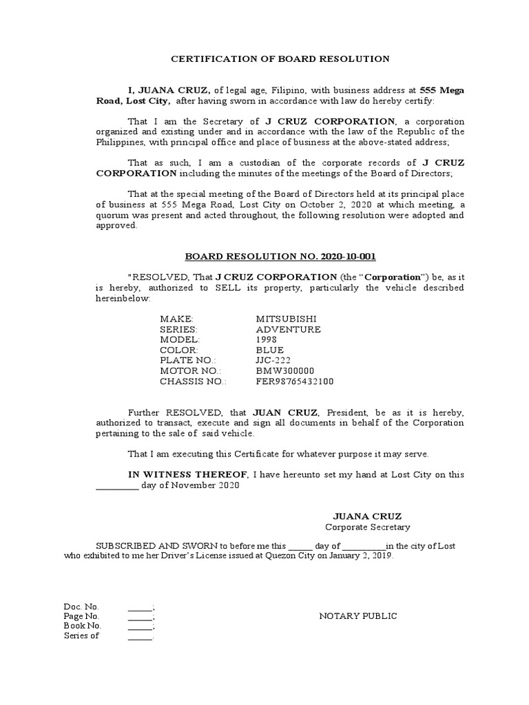 Board Resolution for Vehicle Sale | PDF