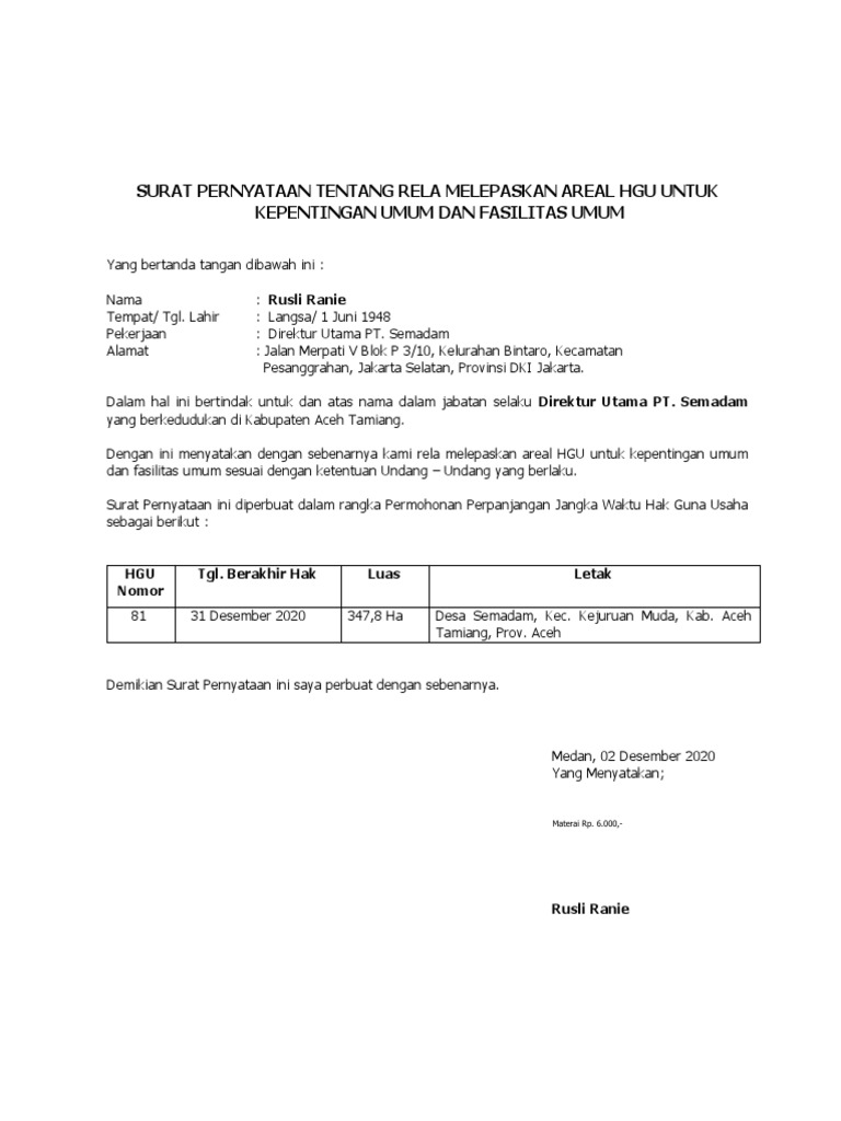 Surat Pernyataan Tentang Rela Melepaskan Areal Hgu Untuk Kepentingan ...