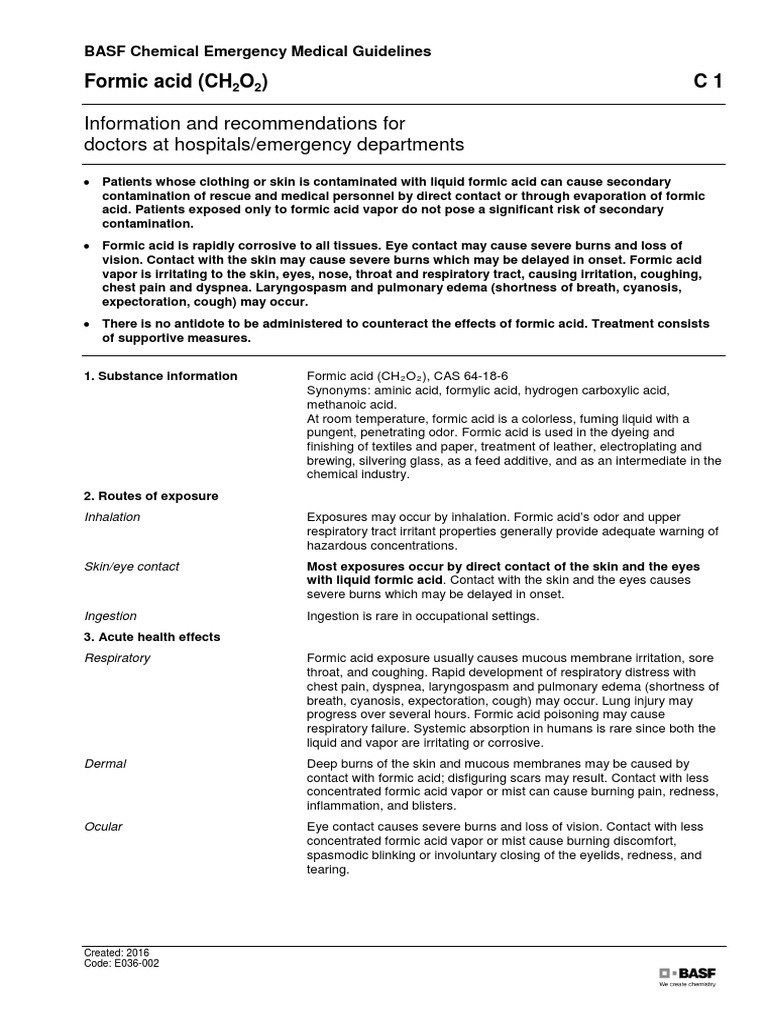 Formic Acid C BASF Medguidelines E036 | PDF | Burn | Hypothermia