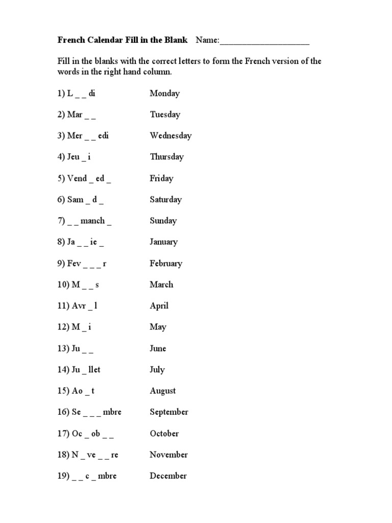 French Calendar Activity | PDF