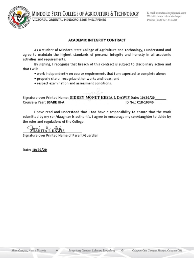 MinSU Academic Integrity Contract | PDF | Finance & Money Management | Law