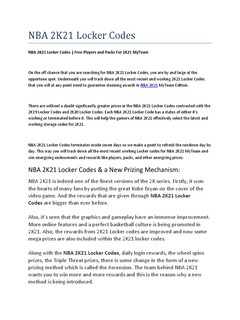 NBA 2K21 Locker Codes & A New Prizing Mechanism | PDF