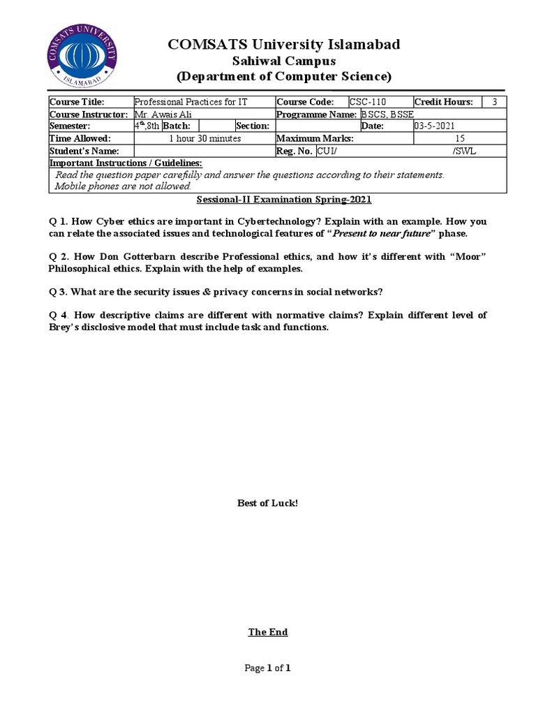 COMSATS University Islamabad: Sahiwal Campus (Department of Computer ...