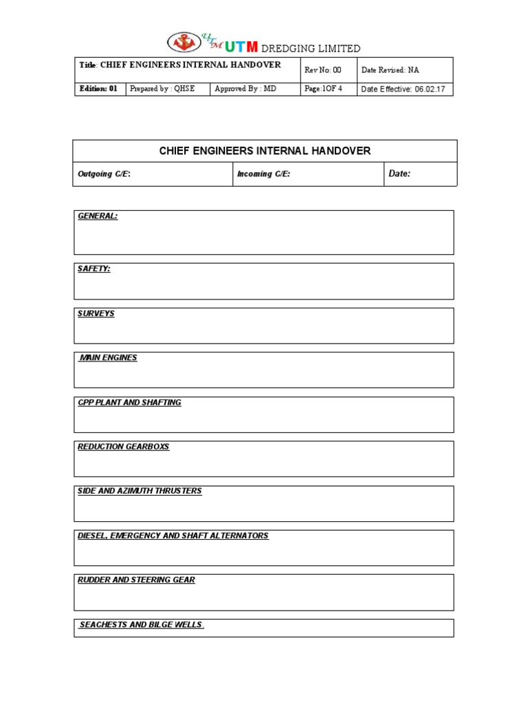 Chief Engineers Internal Handover | PDF | Technology & Engineering